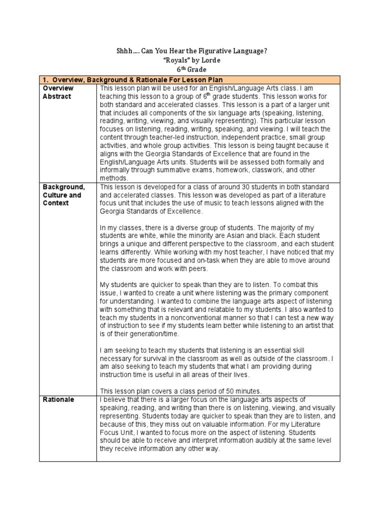 Figurative Language Lesson Plan | PDF | Lesson Plan | Special Education