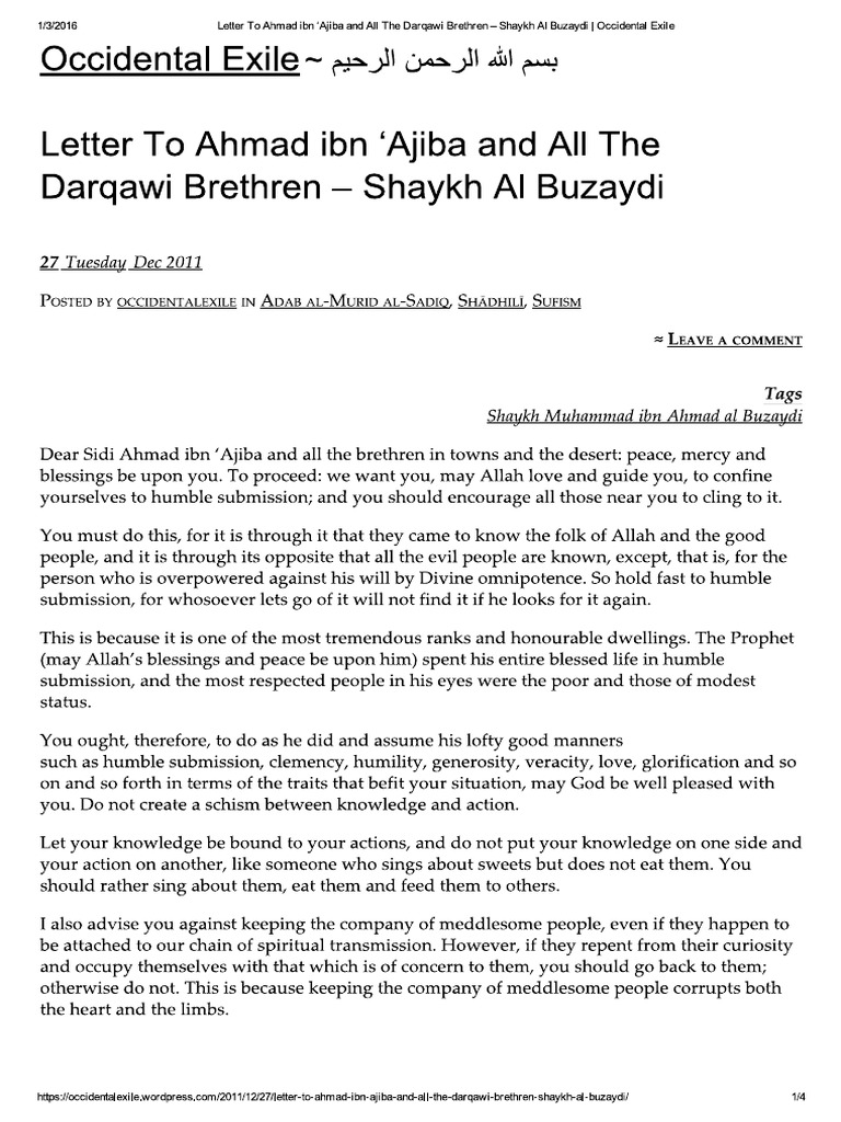 Letter To Ahmad Ibn Ajiba and All The ... - Shaykh Al Buzaydi ...