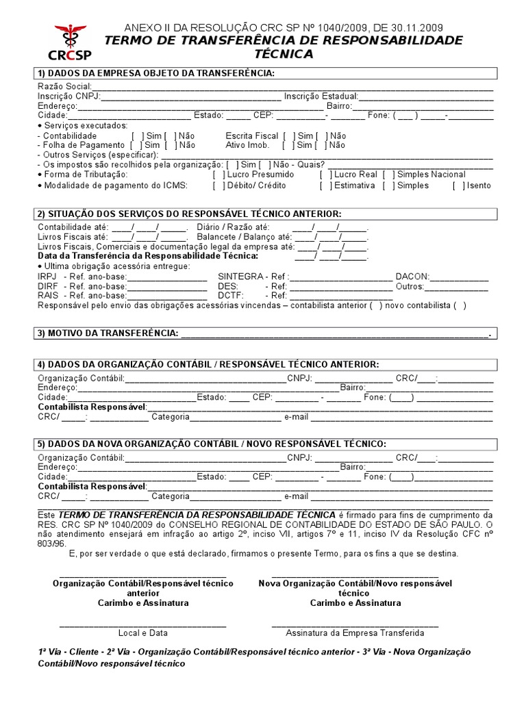 Termo de Transferência de Responsabilidade Técnica Res1040 - CRC - Anexo - II | PDF
