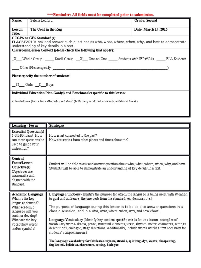 Edtpa Lesson Plans Educational Assessment Reading Comprehension