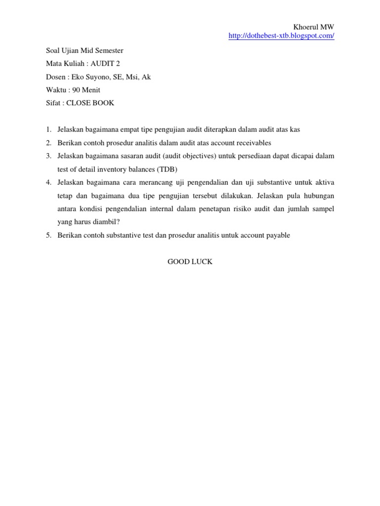 Ujian Mid Semester AUDIT 2-Eko Suyono, SE, Msi, Ak | PDF | Karier ...