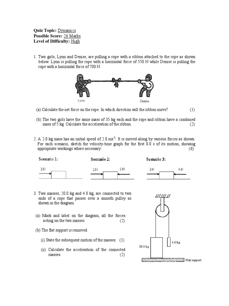 Dynamics Quiz: Forces and Motion Analysis | PDF | Kilogram | Tension ...