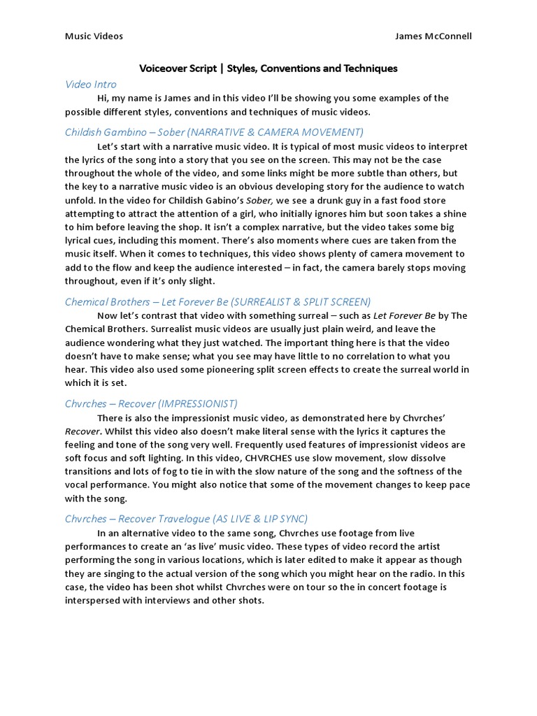 Music Videos - Styles, Conventions and Techniques Voiceover Script ...