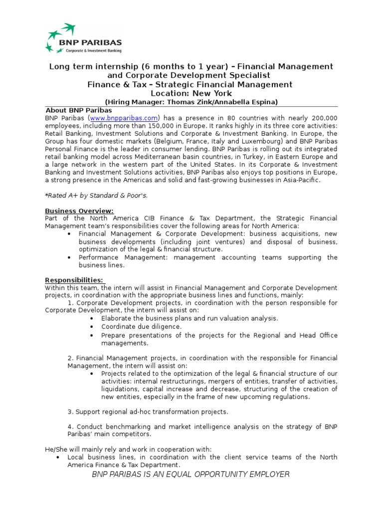 Financial Management Internship NYC | PDF | Bnp Paribas | Business