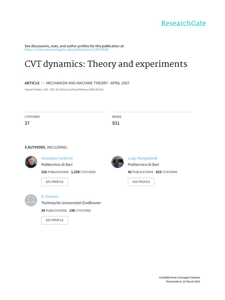 CVT Dynamics-Theory and Experiments | PDF | Belt (Mechanical) | Special Drawing Rights