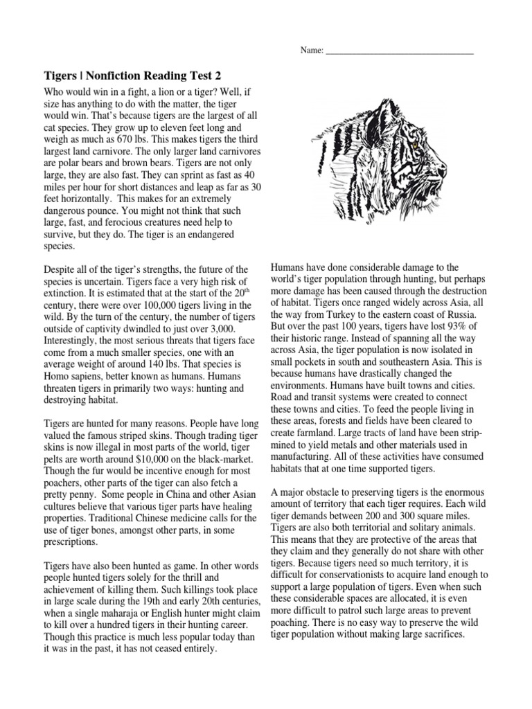 Nonfiction Reading Test (Tigers) | PDF | Tiger | Poaching