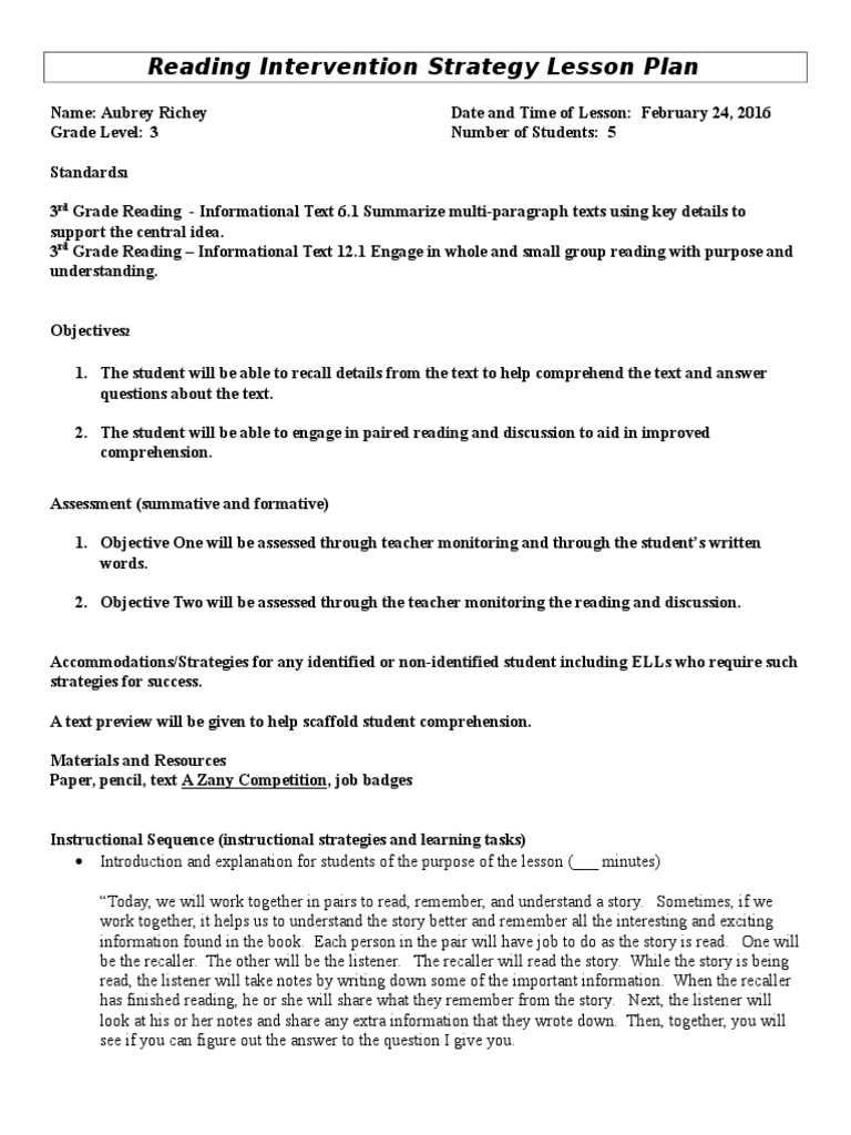 Grade 3 Reading Intervention Plan | PDF | Reading Comprehension ...
