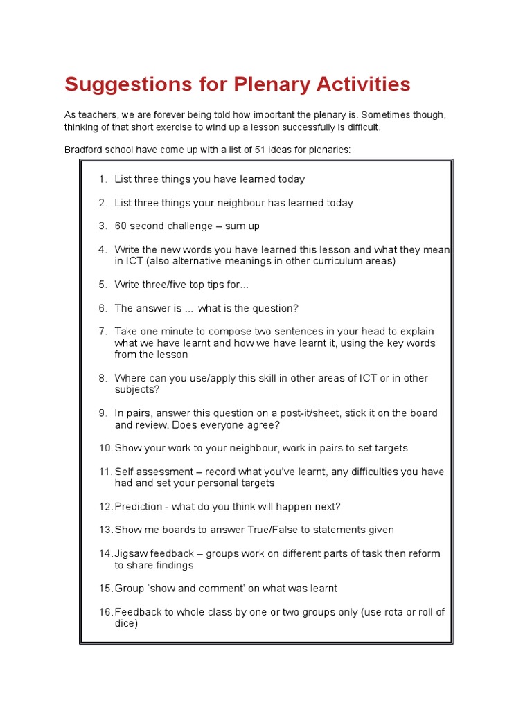Suggestions For Plenary Activities | PDF | Educational Assessment ...