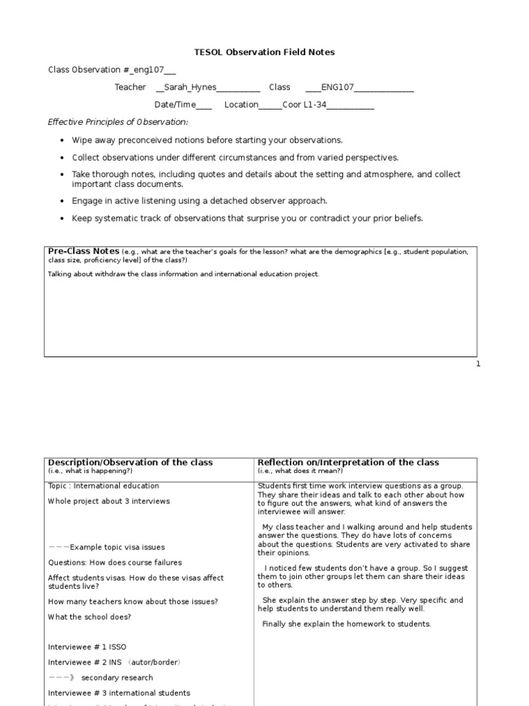 TESOL Class Observation Notes ENG107 | PDF | Question | Interview