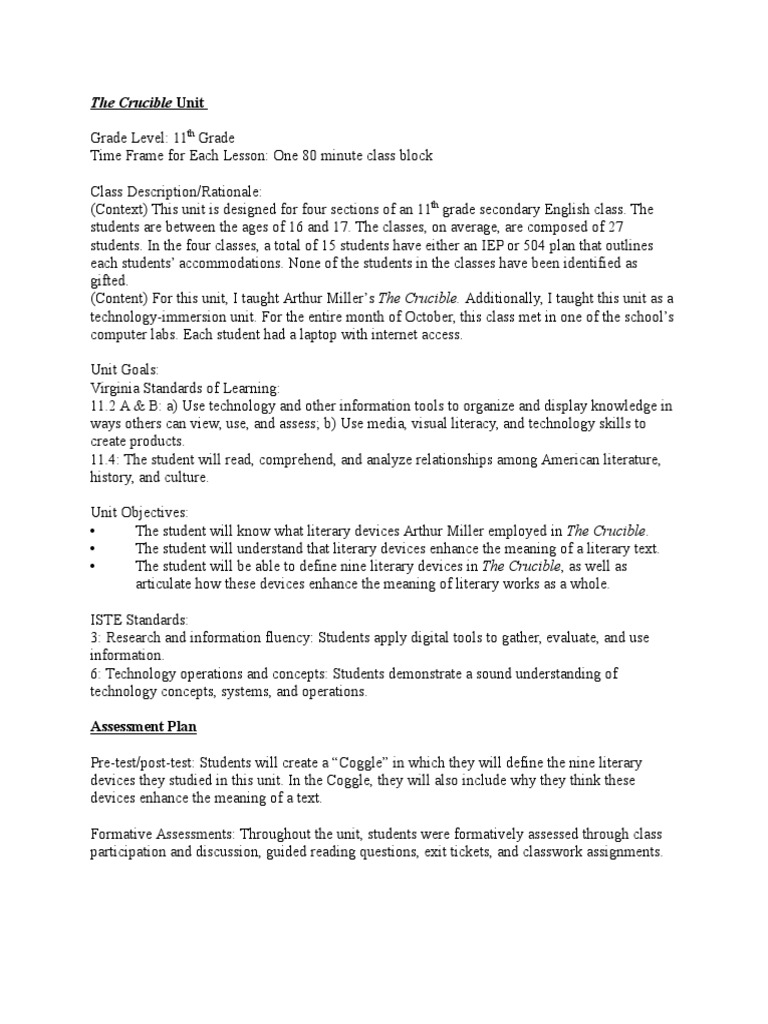 11th Grade The Crucible Unit Plan | PDF