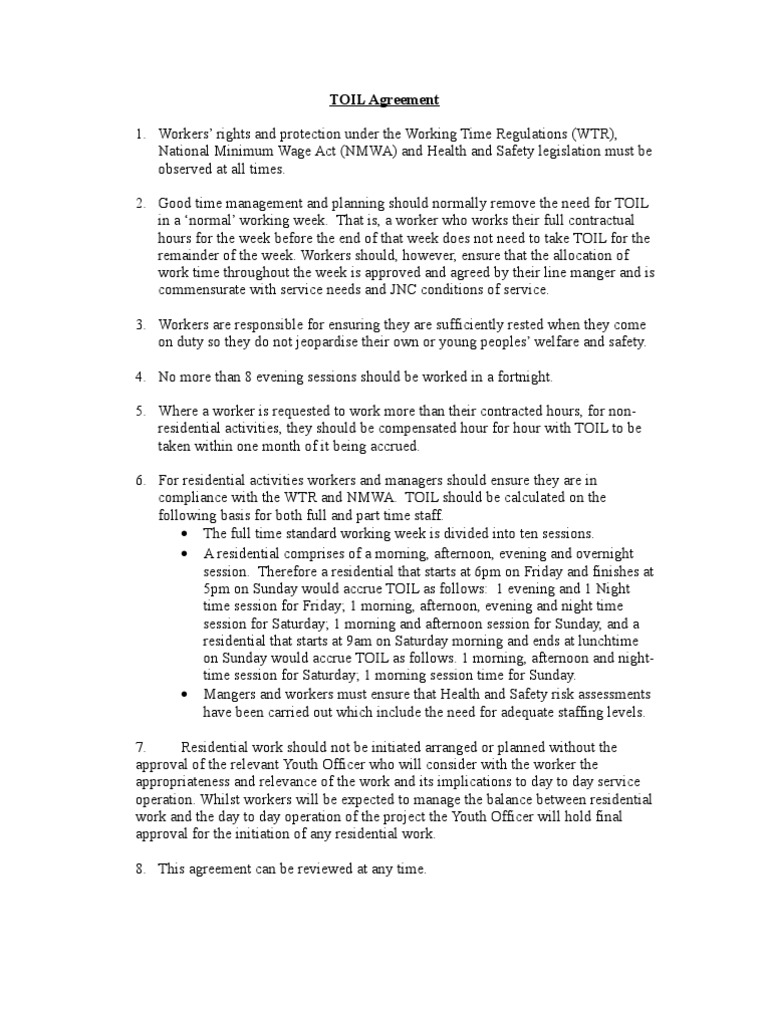 Toil Agreement Final Jan 08 | PDF | Workweek And Weekend | Working Time