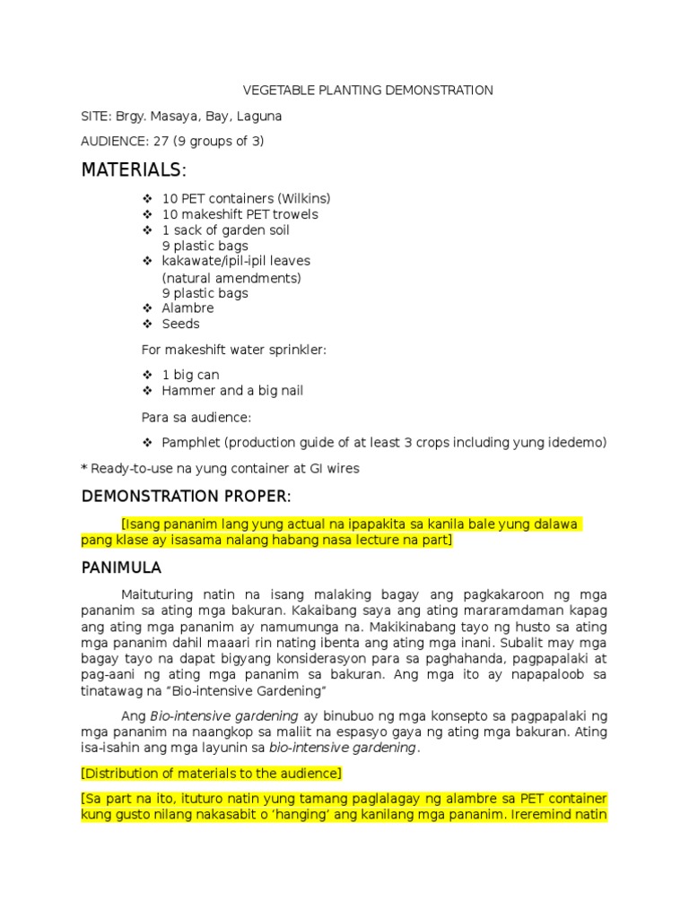 Vegetable Planting CWTS Demo | PDF