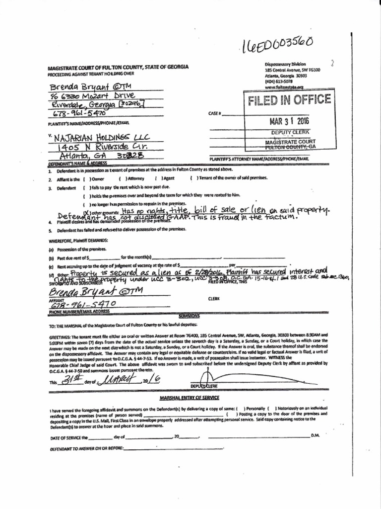 Dispossessory Counter-Filed 3-31-16 | PDF | Judge | Jurisdiction