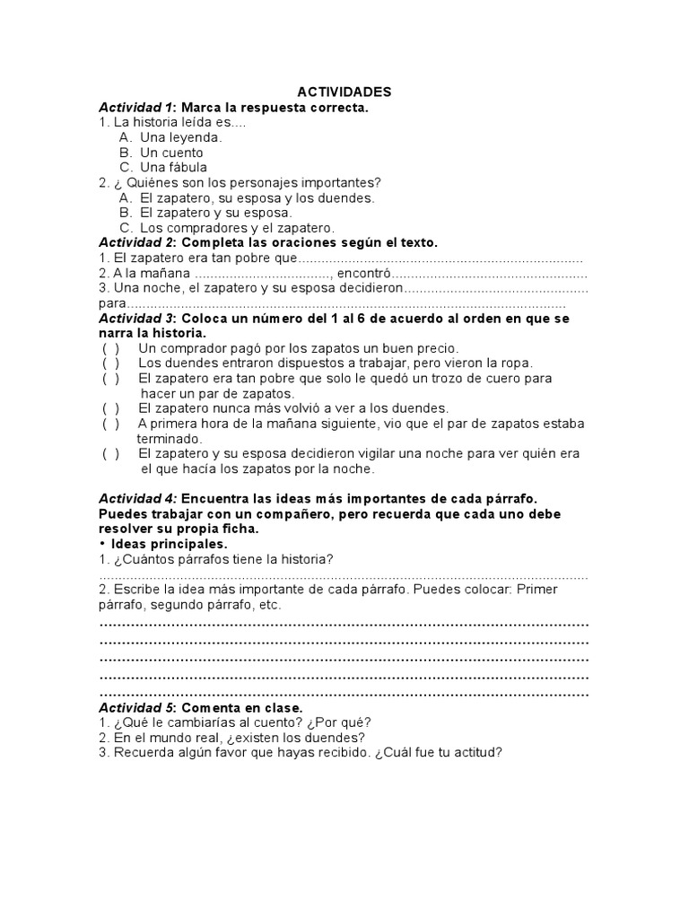 Actividad El Zapatero y Los Duendes | PDF