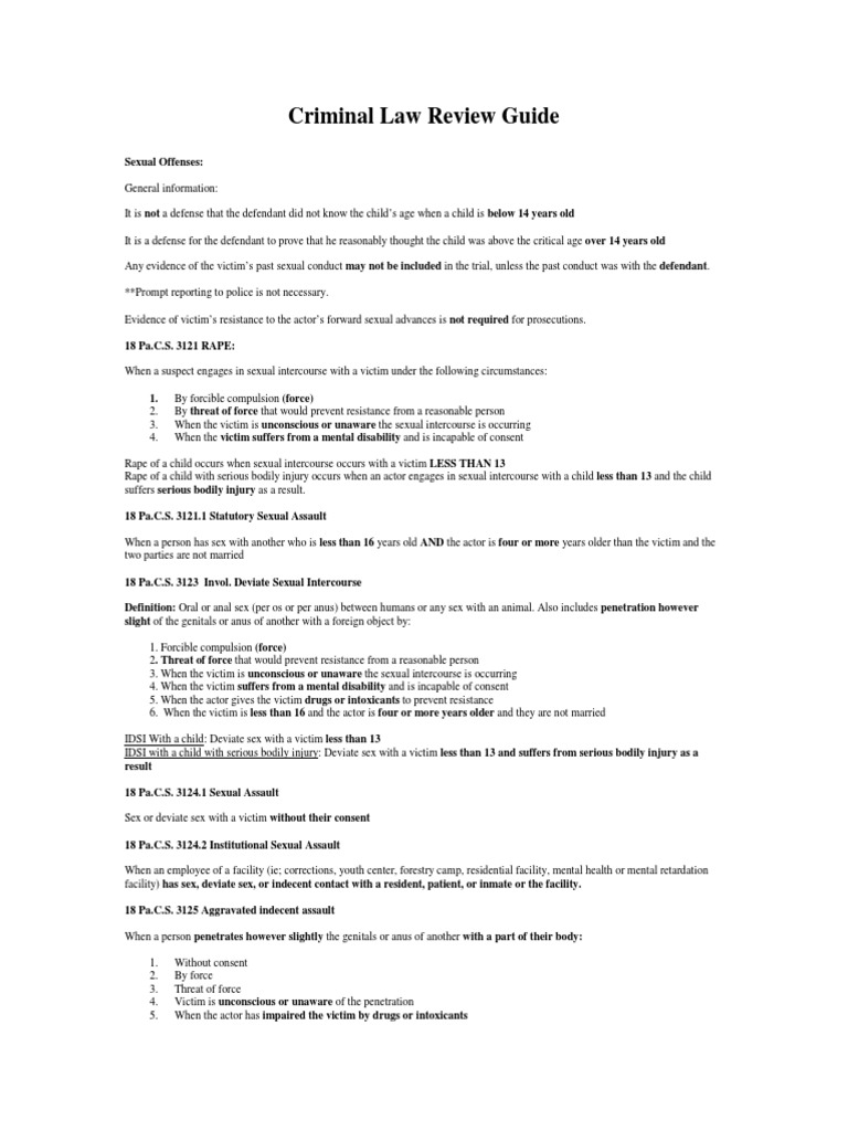 Pa State Police Study Guide Criminal Law Review Guide | PDF | Rape ...