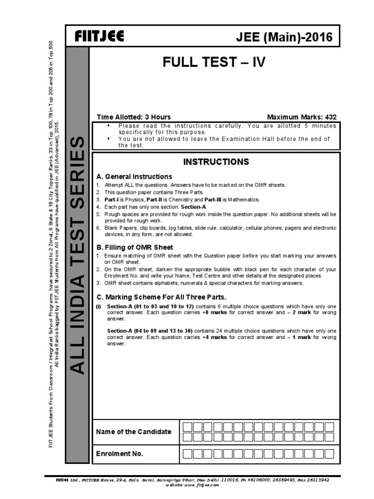 Paper Fiitjee Jee Main Sample Paper | PDF | Science & Mathematics