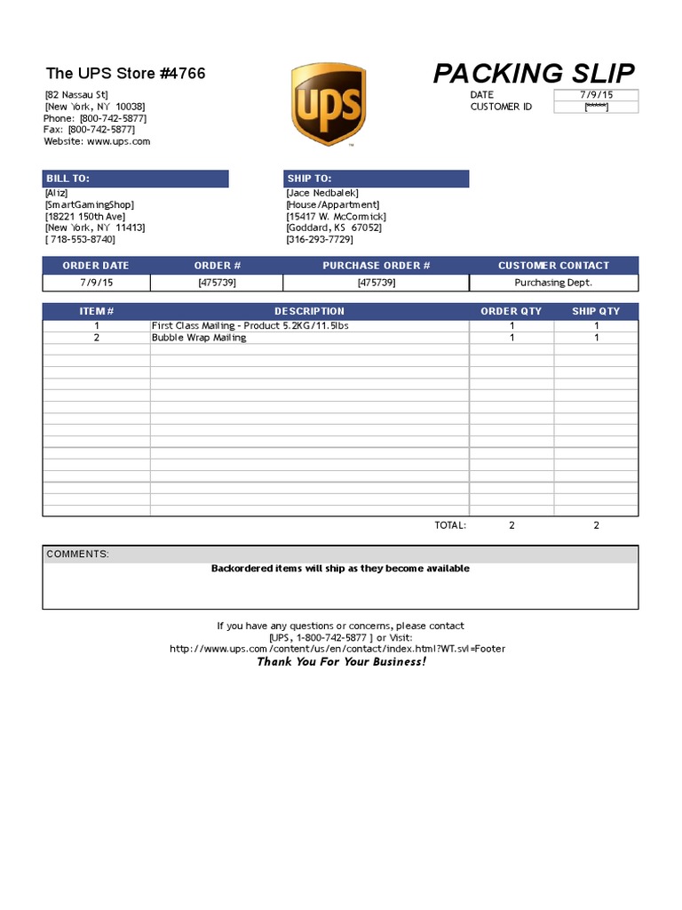 Packing Slip: The UPS Store #4766 | PDF
