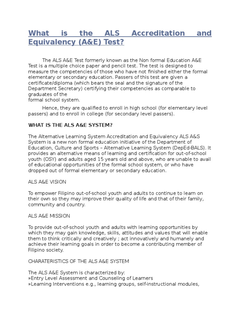 What is the ALS Accreditation and Equivalency (A&E) Test?