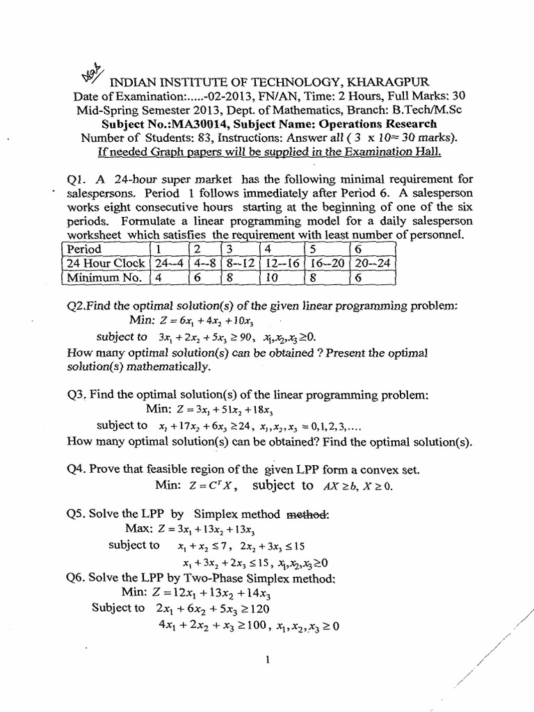 Operations Research Exam Paper IIT Kharagpur | PDF
