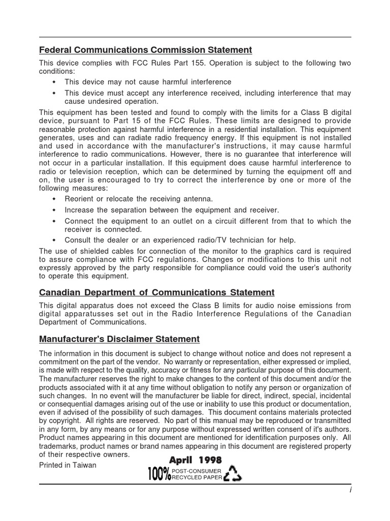 Federal Communications Commission Statement: April 1998 April 1998 ...