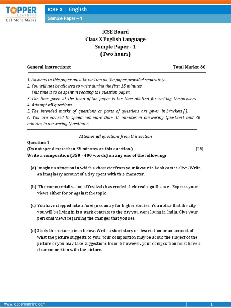 ICSE Board Class X English Language Sample Paper - 1 (Two Hours) | PDF ...