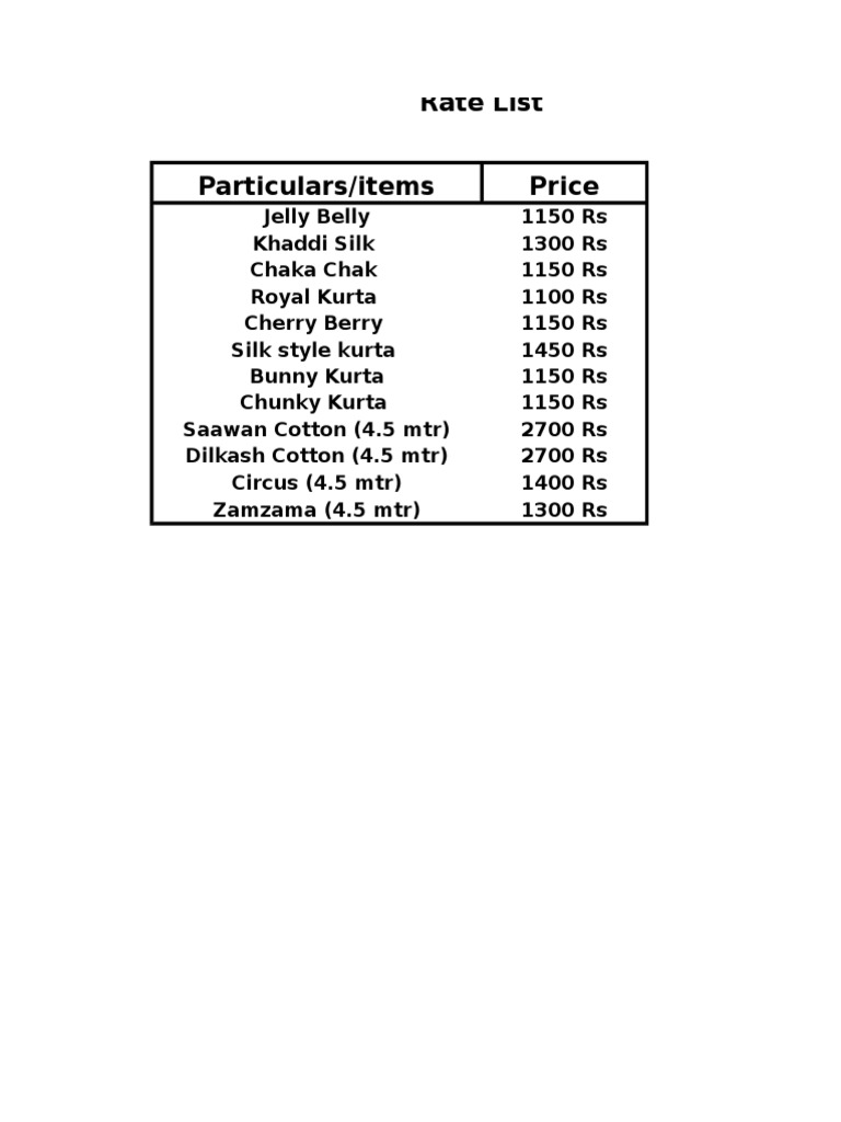 Price List for Clothing Items | PDF