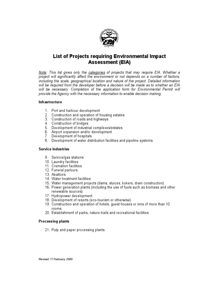 EPA - List of Projects Requiring EIA.v1 | PDF | Environmental Impact ...
