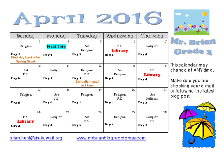 April 2016 School Calendar | PDF | Religion & Spirituality