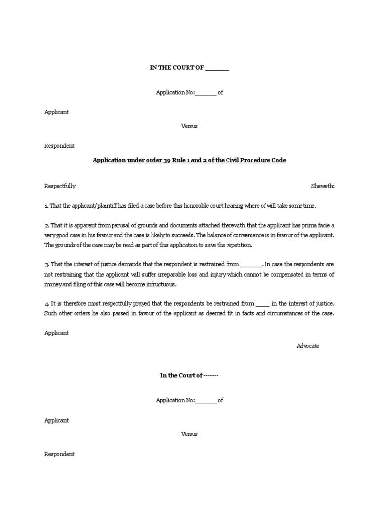 Application Under Order 39 Rule 1 and 2 of The Civil Procedure Code | PDF