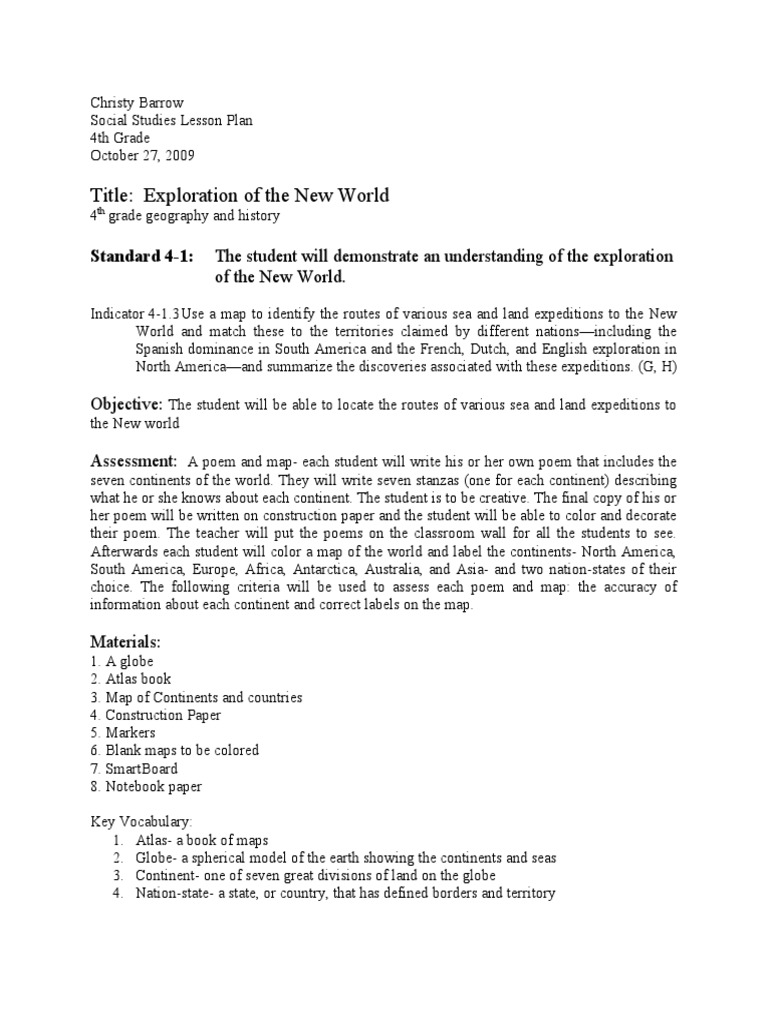 4th Grade New World Exploration Lesson | PDF | Continent | Map