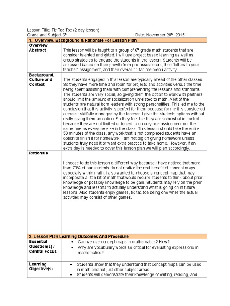 Tic Tac Toe Lesson Plan Autosaved | PDF | Homework | Educational Assessment