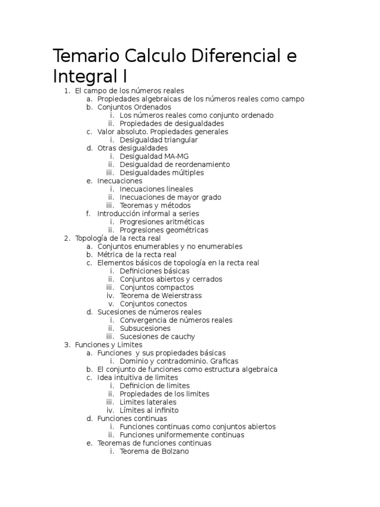 Temario Calculo en Una Variable | PDF | Derivado | Calculo diferencial