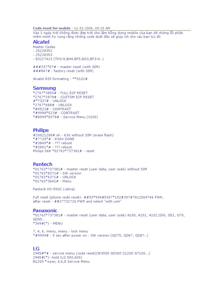 Mobile Reset Codes and Instructions | PDF
