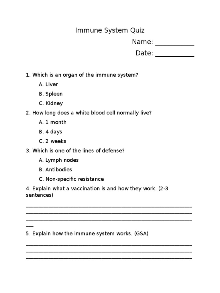Immune System Knowledge Test | PDF | Self-Improvement | Wellness