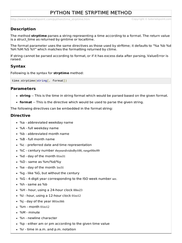 Python Time Strptime Method | PDF | String (Computer Science) | Parsing Python Time Strptime Method | PDF | String (Computer Science) | Parsing