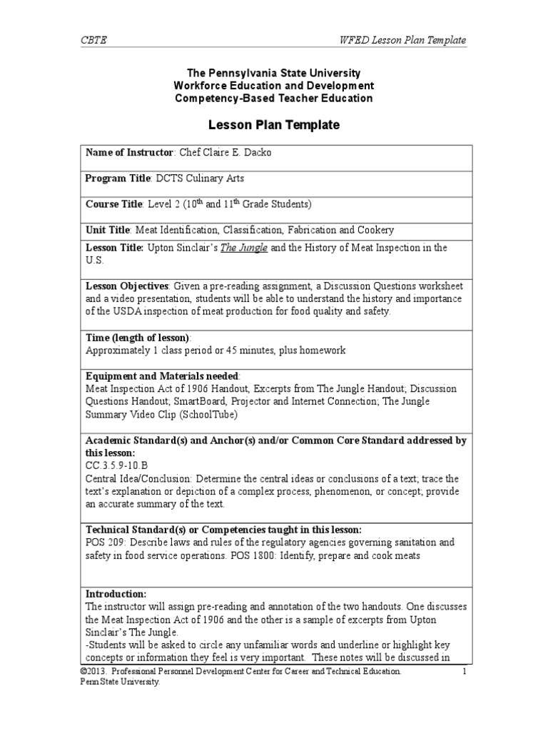 Lesson Plan - Meat Inspection and The Jungle | PDF | Lesson Plan ...