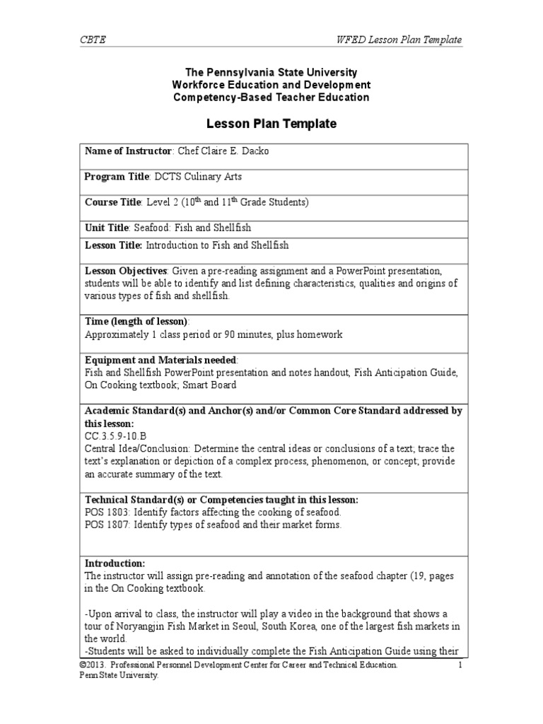 Lesson Plan - Fish and Shellfish Identification Use of Assessment Tools ...