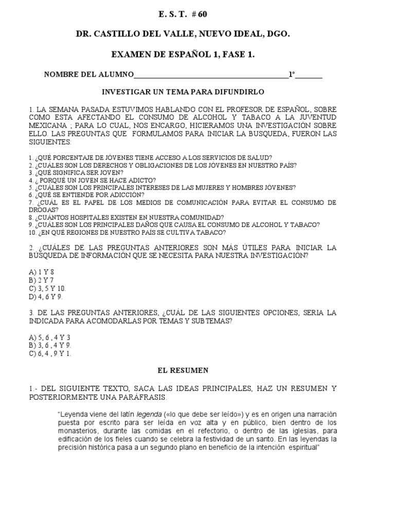 Examen de Español Primer Grado Fase 1 | PDF | Leyendas