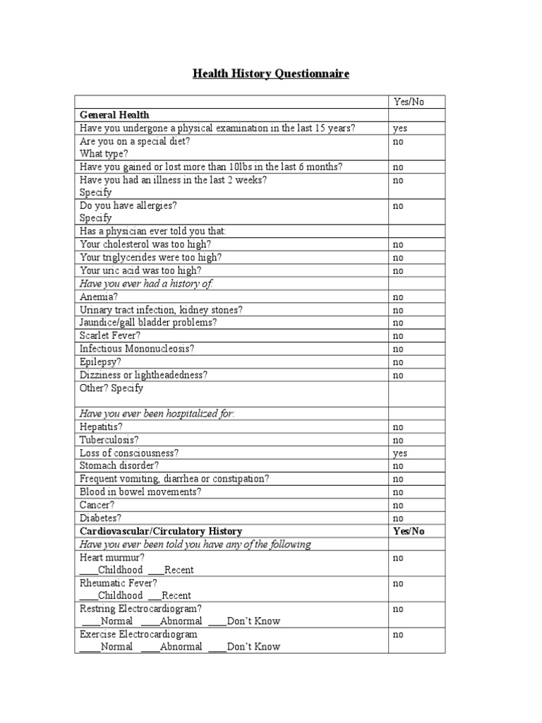 Health History Questionnaire | PDF | Heart | Health Sciences