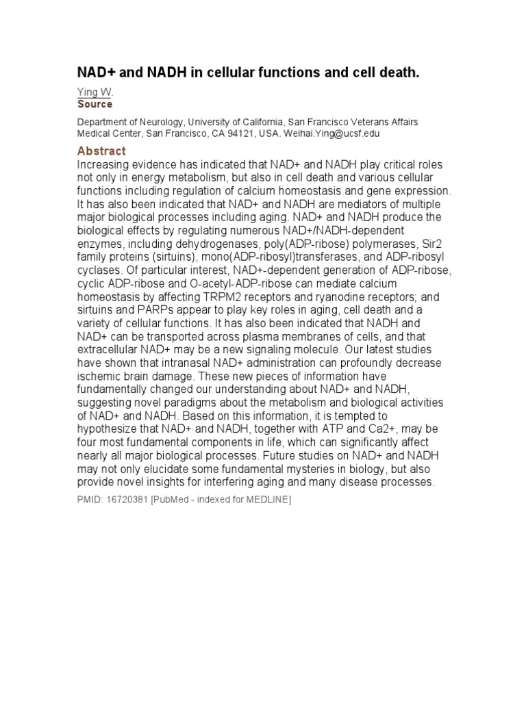 NAD+ and NADH in Cellular Functions and Cell Death | PDF | Nicotinamide ...