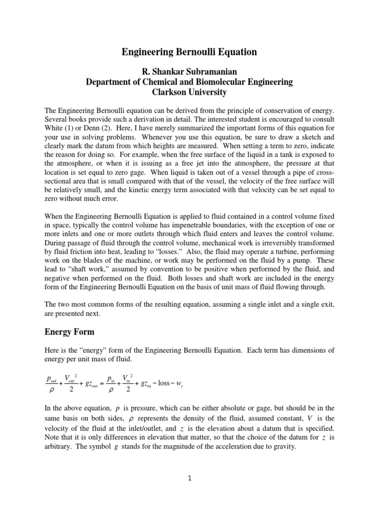 Engineering Bernoulli Equation | PDF | Fluid Dynamics | Pressure