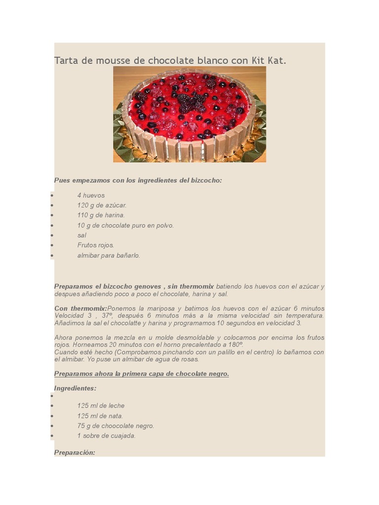 Tarta de mousse de chocolate blanco Kit Kat | PDF | Chocolate | Crema
