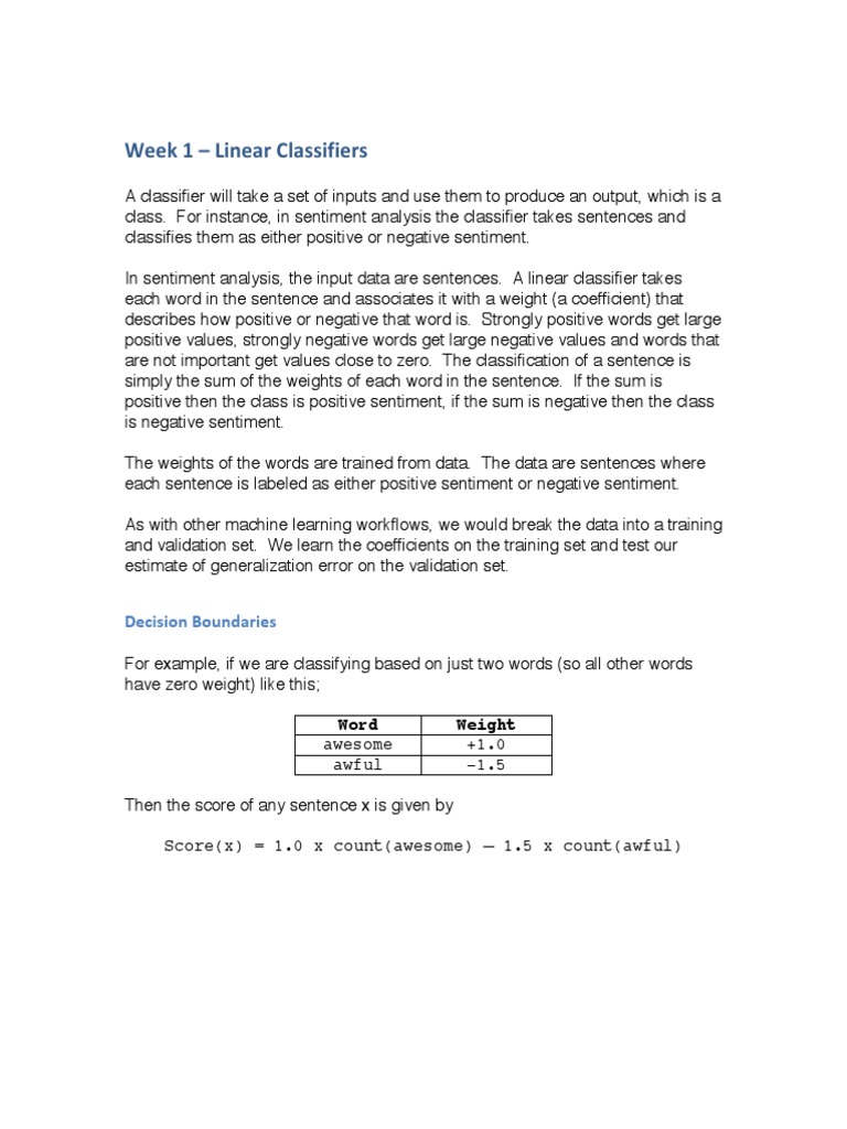 Week 1 - Linear Classifiers PDF | PDF | Statistical Classification | Logistic Function