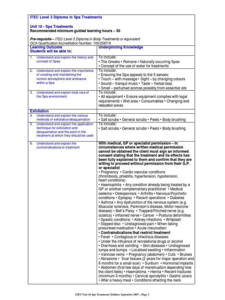 UNIT 16 Spa Treatments Syllabus V2 | PDF | Massage | Spa