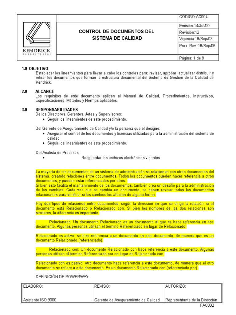 Ac004 Control de Documentos Del Sistema de Calidad Rev 13 | PDF ...