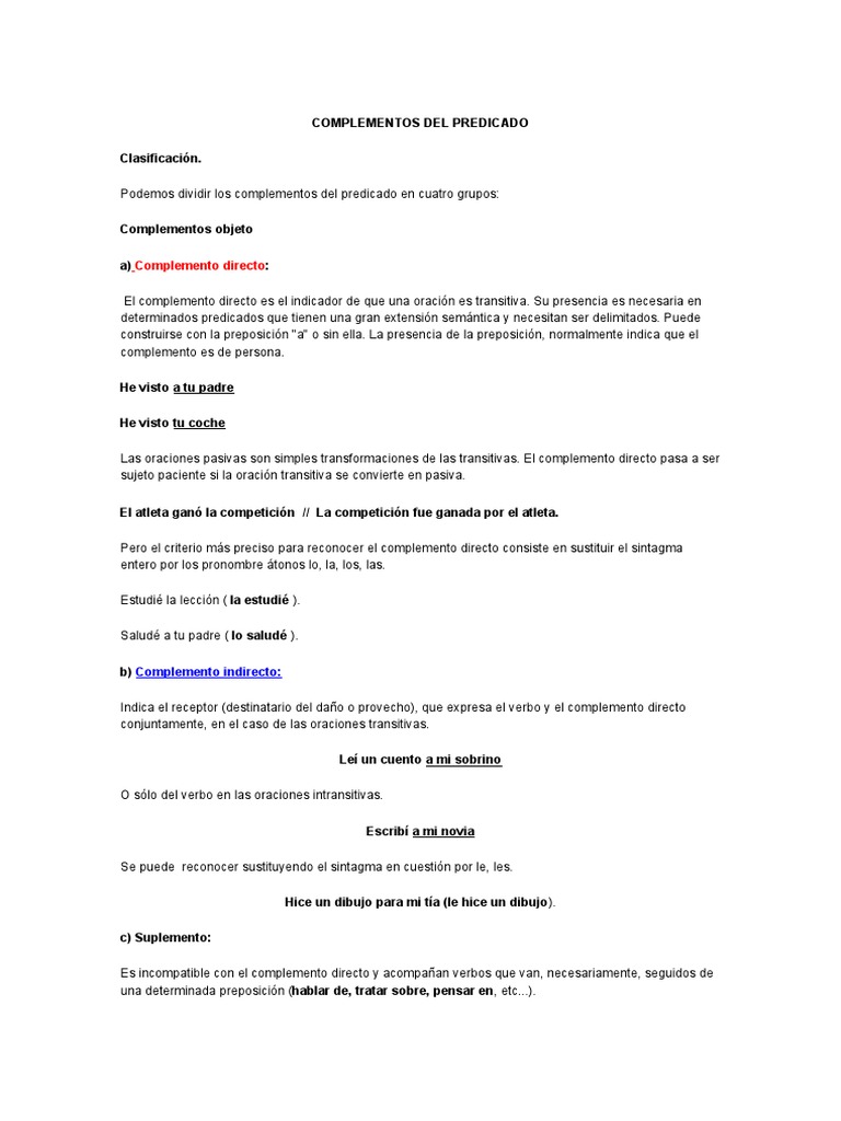 Complementos Del Predicado | PDF | Objeto (gramática) | Predicado (Gramática)