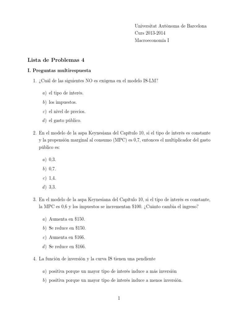 ISLM-UAB-MacroI-Problemas4 | PDF | Macroeconómica | Ciencias económicas