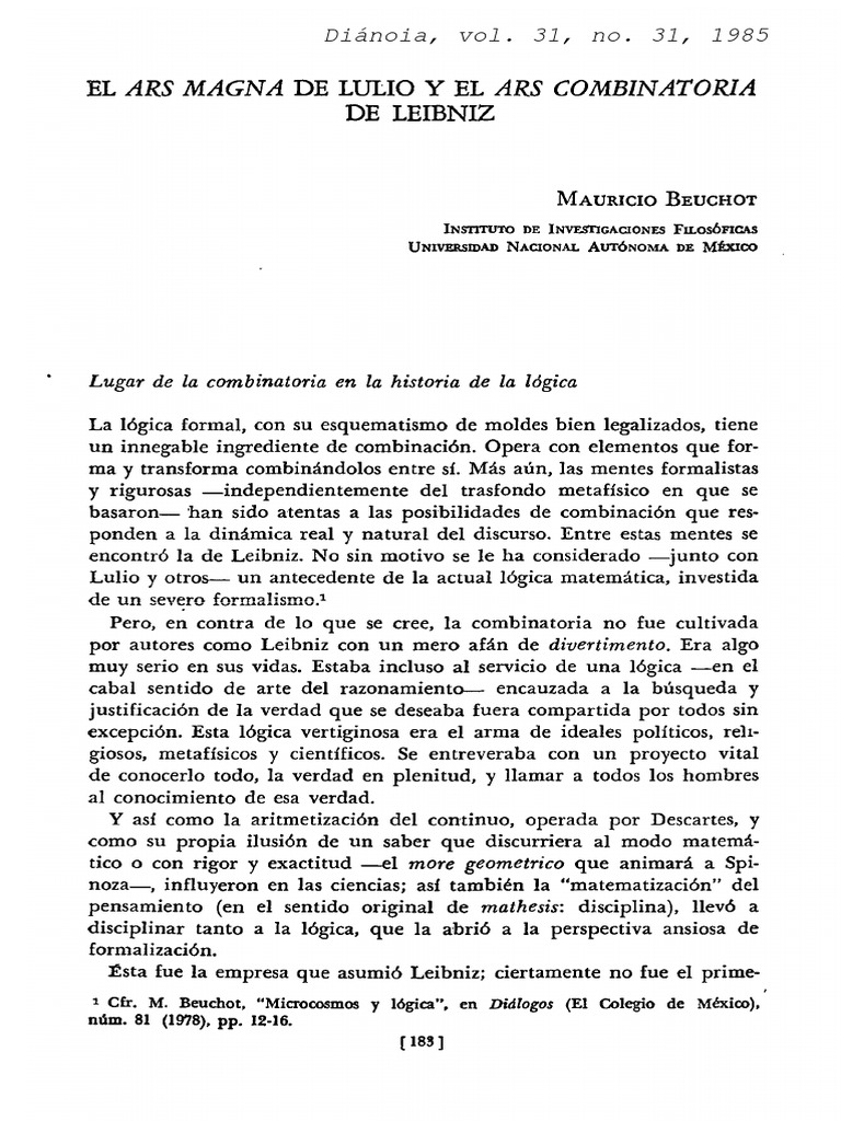 Ars Magna de Lulio y Ars Combinatoria de Libniz - Beuchot | PDF ...
