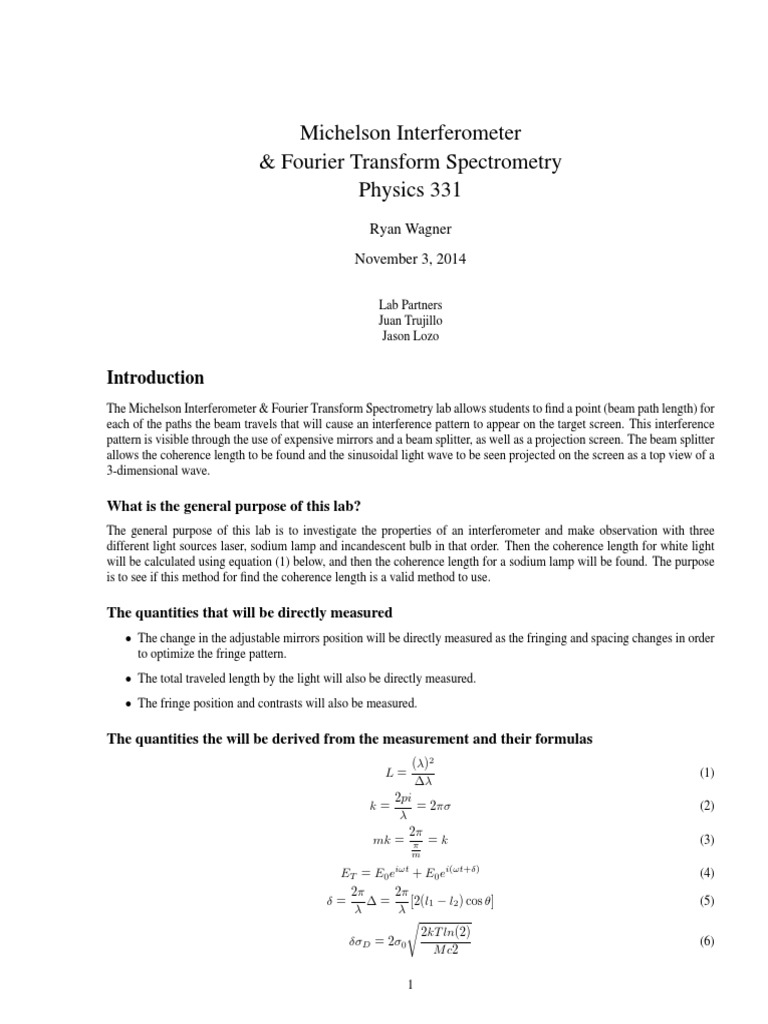 Michelson Interferometer and Fourier Transform Spectrometry Lab | PDF | Interferometry ...
