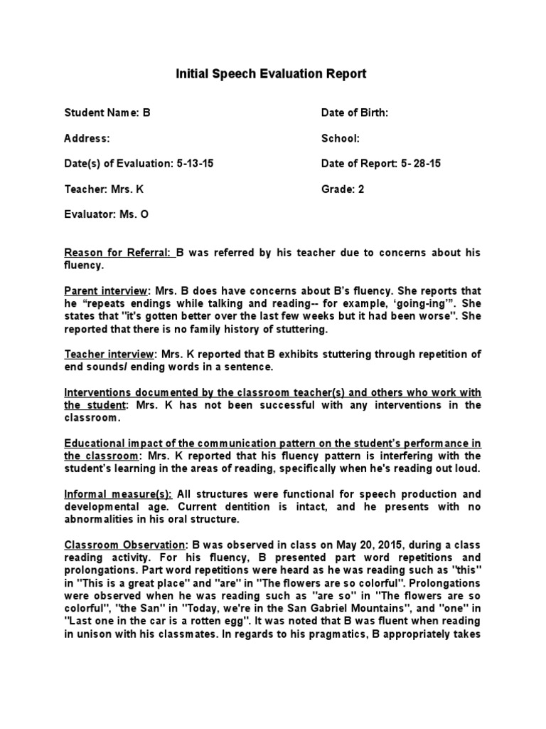 B Fluency Evaluation Report | PDF | Stuttering | Fluency